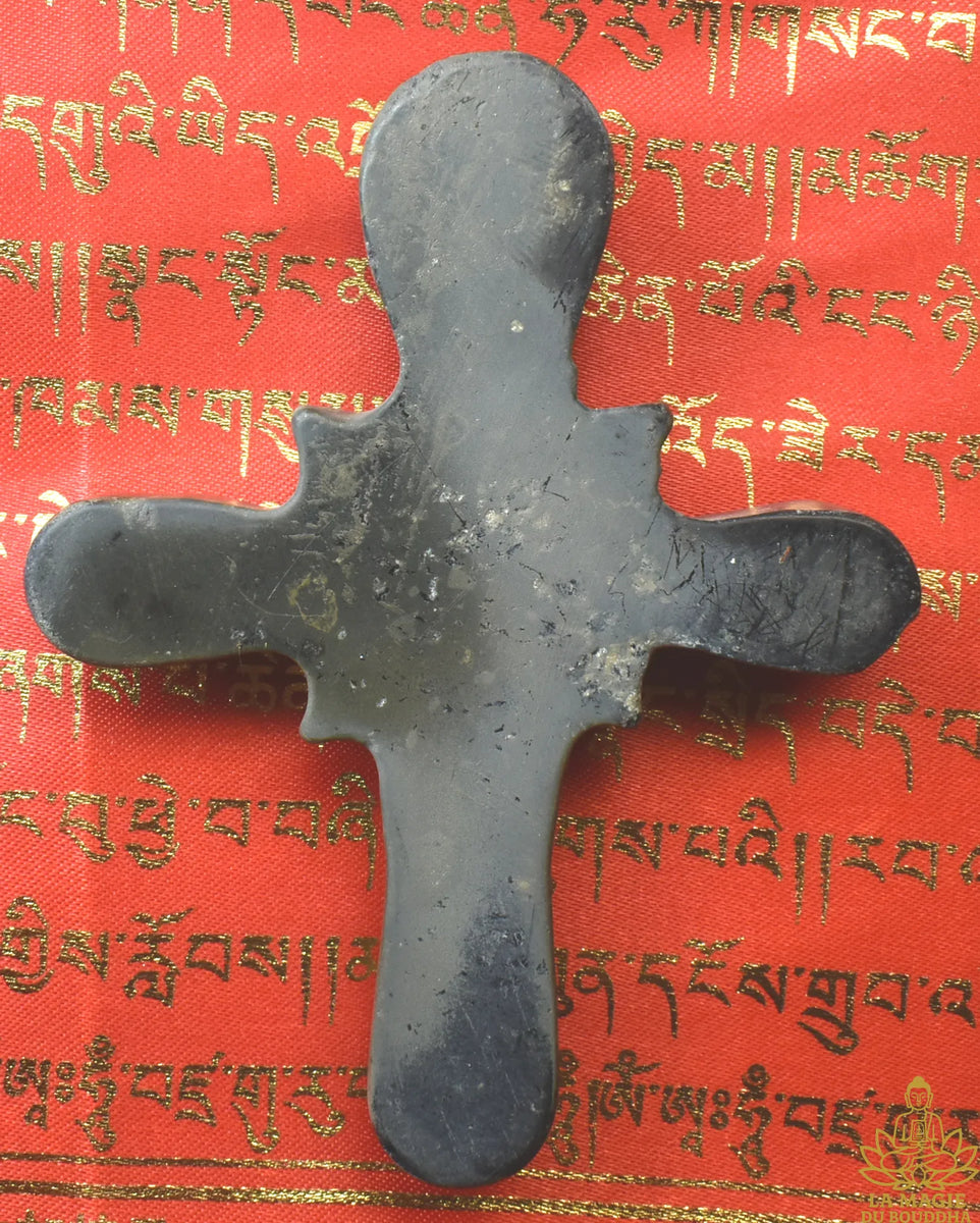 Tibetan Bönpo Talisman in Black Magnetic Stone - Cross with Citipati S ...